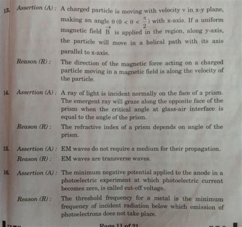 13 assertion a a charged particle is moving with velocity v in x−y p
