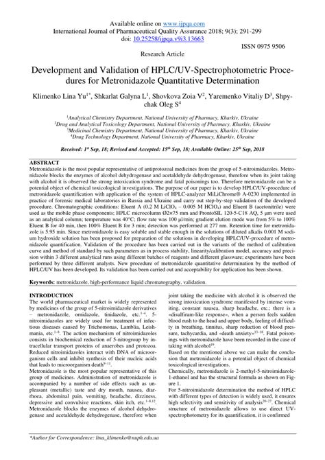 Pdf Development And Validation Of Hplcuv Spectrophotometric Procedures For Metronidazole