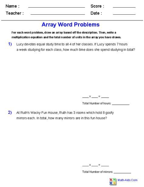 Word Problems With Arrays Worksheets Math Multiplication Worksheets