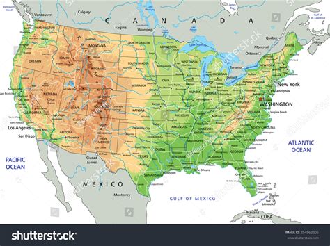 High Detailed United States Of America Physical Map With Labeling