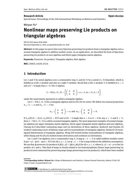Pdf Nonlinear Maps Preserving Lie Products On Triangular Algebras