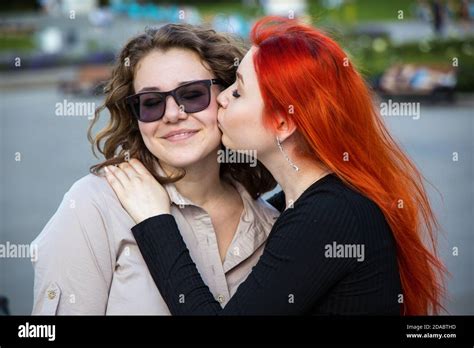 Russia Moscow 10 July 2020 Best Friends Meeting Each Other And Gently Kissing With Great Love