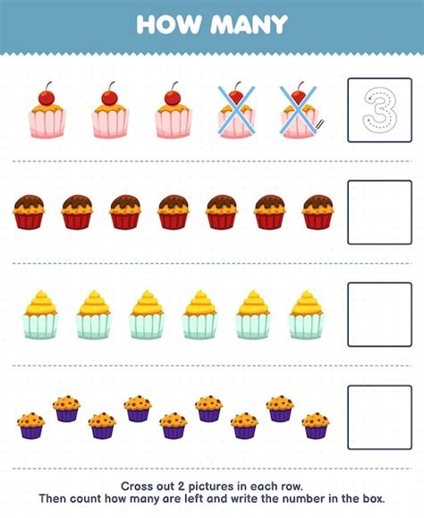 어린이를 위한 교육 게임은 만화 컵케이크 머핀의 수를 세고 상자에 인쇄 가능한 음식 워크시트에 숫자를 씁니다 프리미엄 벡터