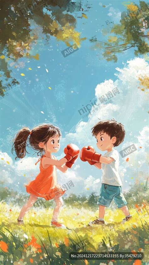 Ai创作图治愈系儿童插画 插画小朋友 两小无猜插画 童年插画梦幻童年 梦幻儿童插画超治愈 唯美儿童插画 小男孩小女孩天真烂漫 快乐童年打闹嬉戏