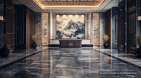 Ai创作图水墨山水酒店大厅 酒店过厅 星级酒店前厅 新中式大厅 新中式酒店大厅 星级会所前台 酒店前台大型山水挂画 高端会所前厅 迎客松酒店