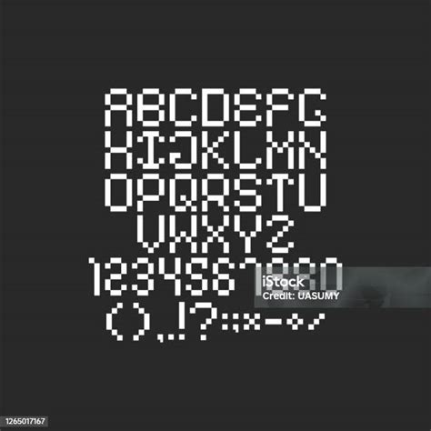 숫자와 특수 기호 사각형 및 직사각형 픽셀 모양 80 년대 90 년대 복고풍 게임 또는 앱 유형픽셀 글꼴 8 비트 스타일 0명에 대한 스톡 벡터 아트 및 기타 이미지