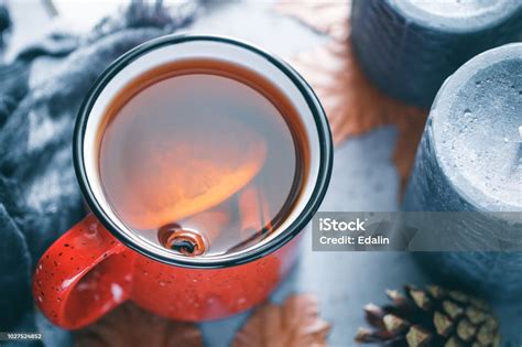 겨울 시즌 블랙 아로마 양 초 따뜻한 스카프에 둘러싸인 빨간색 세라믹 머그잔에 뜨거운 차 메이플 콘크리트 회색 바탕에 나뭇잎 아늑한 휴가 새 해의 개념입니다 0명에 대한