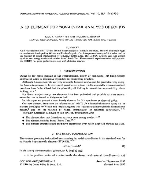 Pdf A 3d Element For Non Linear Analysis Of Solids
