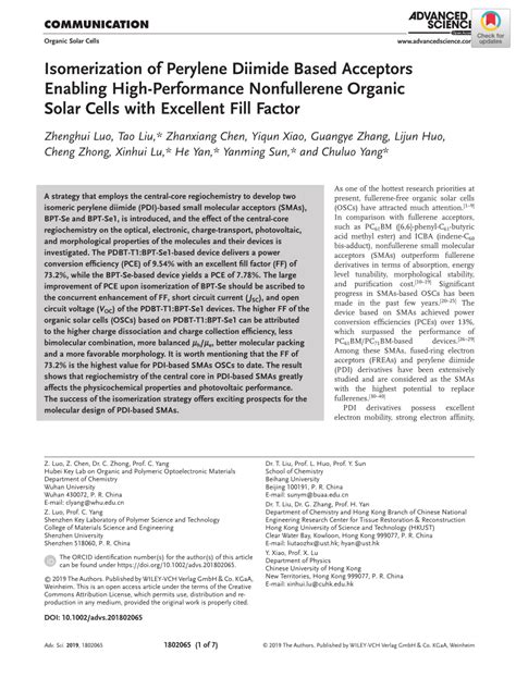 Pdf Isomerization Of Perylene Diimide Based Acceptors Enabling High Performance Nonfullerene