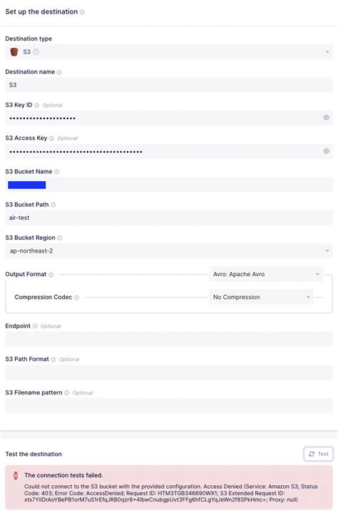 Destination Set Up S3 Public Bucket Access Denied Connector