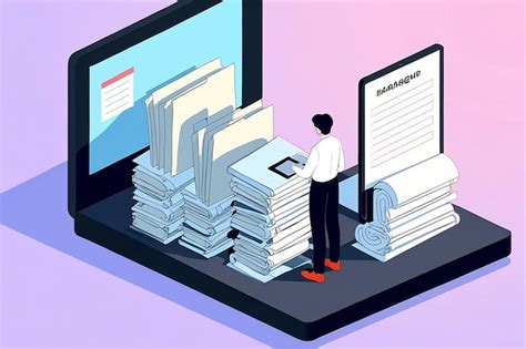 Flat 3d Isometric Businessman Manage Folders And Files On Laptop Screen Administration And