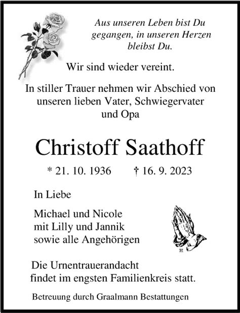 Traueranzeigen Von Christoff Saathoff Nordwest Trauerde