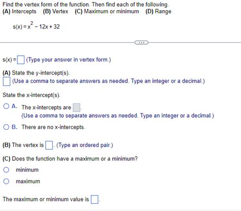 Solved Find The Vertex Form Of The Function Then Find Each Chegg Com