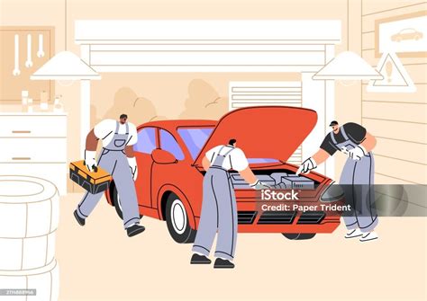 정비사 수리 자동차 전기 기사 수리공은 자동차 엔진의 고장을 수리합니다 남자들은 후드가 열린 차를 검사합니다 서비스 센터 작업장 스테이션의 차고에서 유지 보수 평면 벡터