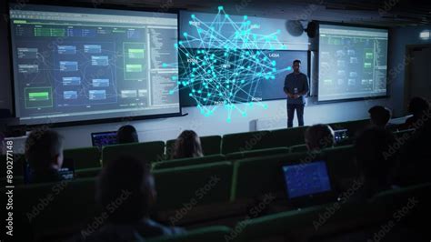 Teacher Lectures On Ai With Futuristic Holographic Interface And Data