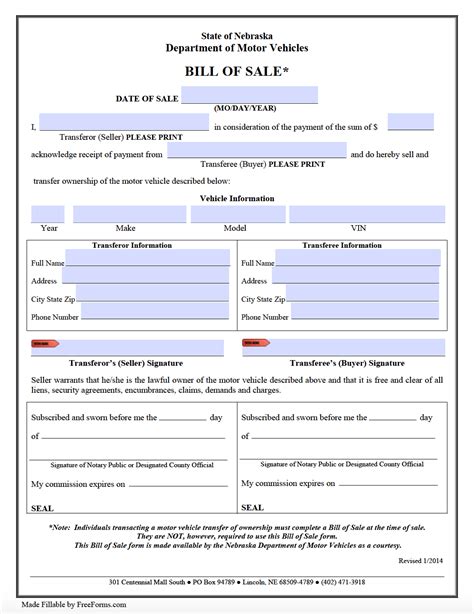 Free Nebraska Bill Of Sale Forms Pdf