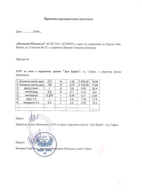 Приемно предавателен протокол по проект Купи и Дари СОУ за деца с нарушено зрение Луи Брайл