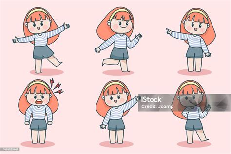 얼굴 표정과 손 포즈가 다른 젊은 똑똑한 소녀 캐릭터 얼굴 표정 플랫 벡터 일러스트 레이 션 과시함에 대한 스톡 벡터 아트 및 기타 이미지 Istock