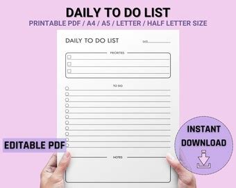Printable Daily Task Sheet Etsy UK