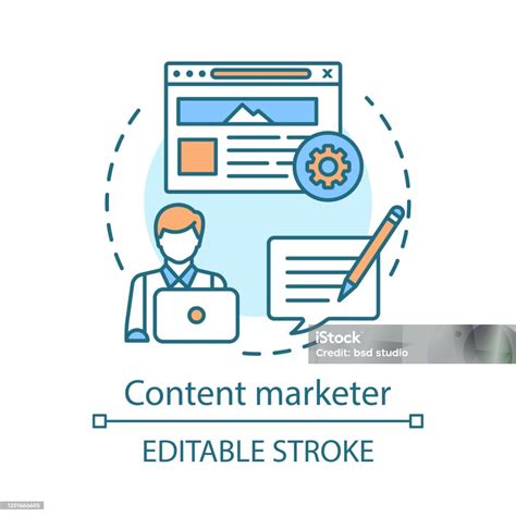 콘텐츠 마케팅 개념 아이콘입니다 콘텐츠 아이디어 씬 라인 일러스트레이션 작성 게시 배포 리드 생성 카피라이팅 전문 벡터 절연 윤곽선 도면 편집 가능한 스트로크 개념에 대한