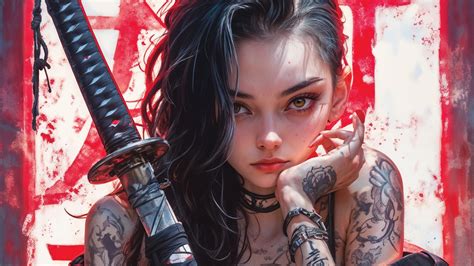 5762a Anime Girl Katana Sword With Tattoo 4k Wallpaper Iphone Phone
