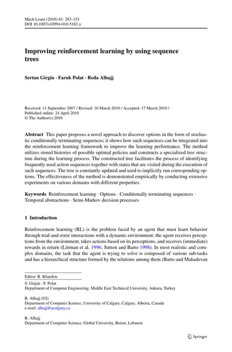 Pdf Improving Reinforcement Learning By Using Sequence Trees