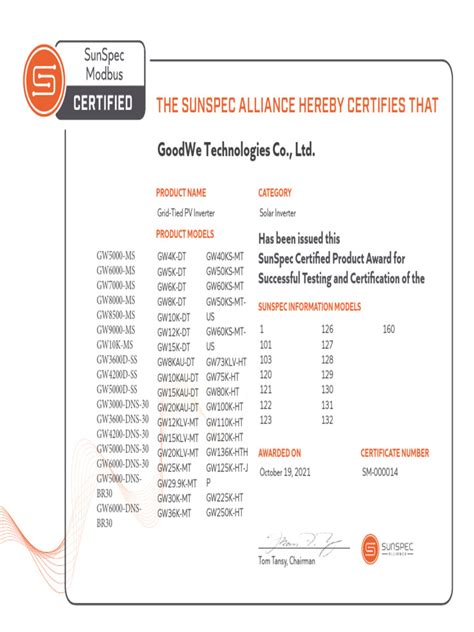 Gw Grid Tied Pv Inverter Certificate Sunspec Goodwe Pdf