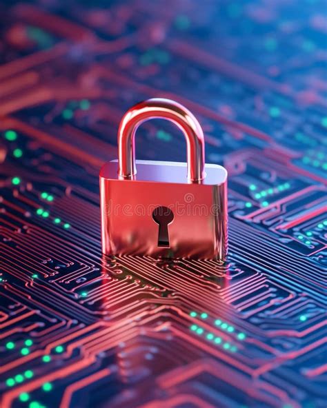 Metallic Pink Padlock Resting On Futuristic Circuit Board Blue Magenta Hues Symbolizing Advanced