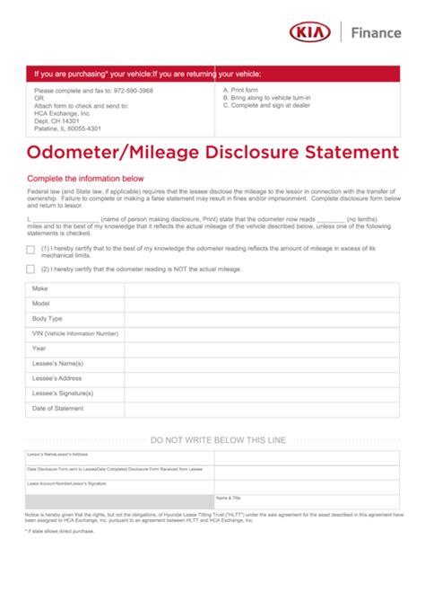 Odometer Mileage Disclosure Statement Template Printable Pdf Download