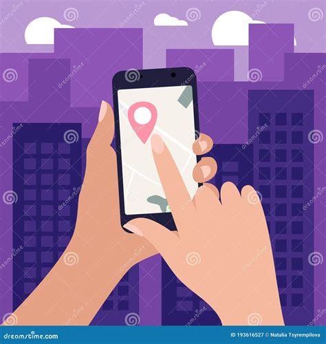Hands Of Person Holding Smartphone With Mobile Gps Navigation On The Screen Stock Vector
