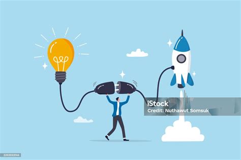 창의력 혁신 회사 설립자 발명가 또는 개발로 새로운 비즈니스 시작 사업가가 전구 아이디어를 로켓 발사와 연결하는 기업가 비즈니스 아이디어 개념에 대한 스톡 벡터 아트 및