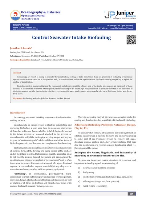 Pdf Control Seawater Intake Biofouling