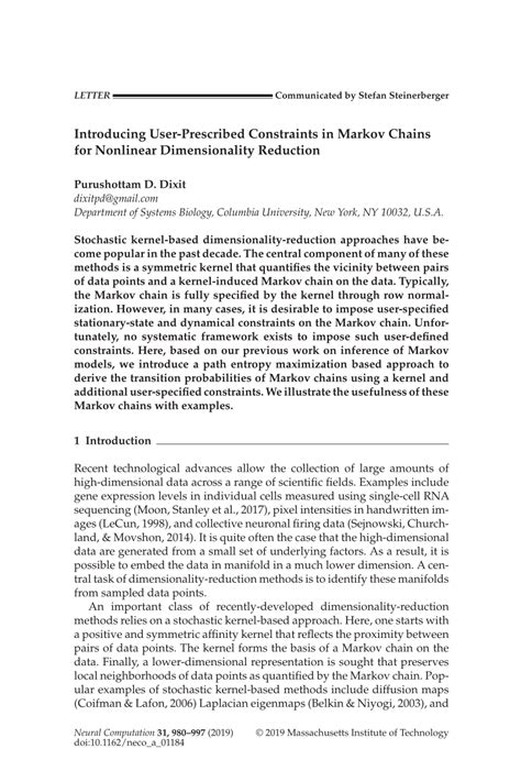 Pdf Path Entropy Maximized Markov Chains For Dimensionality Reduction