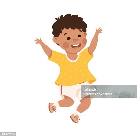 행복한 소년 점프 와 기쁨 과 손 올라 응원 과 데 재미 벡터 일러스트 개념에 대한 스톡 벡터 아트 및 기타 이미지 개념
