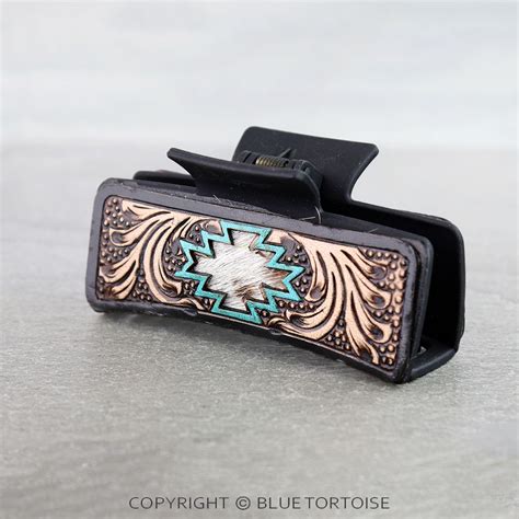 Western Tooled Leather Hair Claw Clip Aztec Bluetortoisewholesale