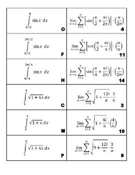 Definite Integral As Limit Of A Riemann Sum Matching Game By Jennifer Nicholson