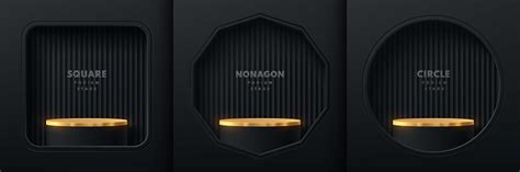 황금 현실적인 3d 실린더 받침대 연단의 광장 Nonagon 검은 배경에 둥근 원형 창 세트 추상 스튜디오 룸 최소한의 장면 제품 무대 쇼케이스 프로모션 모형 표시 0명에