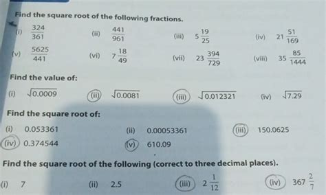 Find The Square Root Of The Following Fractions I 361324 Ii 961441