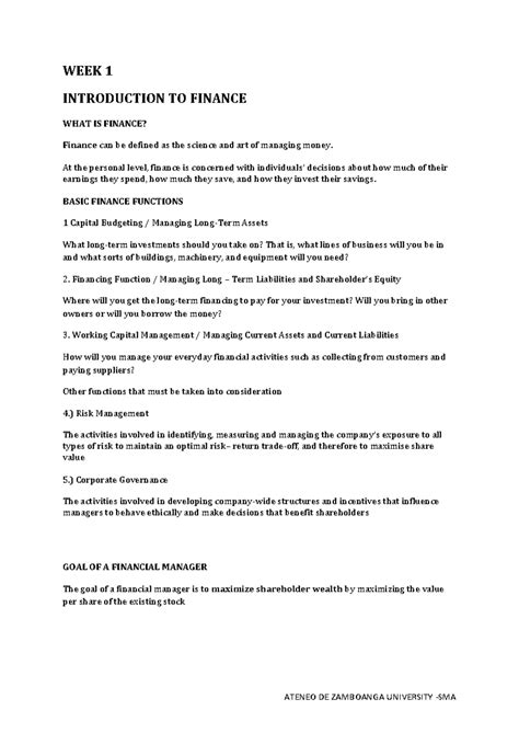 Introduction To Finance WEEK INTRODUCTION TO FINANCE WHAT IS