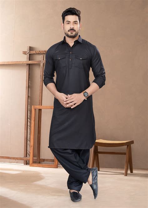 Elegant Black Cotton Pathani And Kurta Perfect Attire For Weddings And