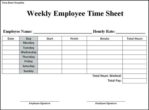 Printable Weekly Time Card