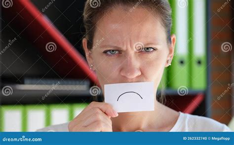 Grumpy Woman Covering Face With Paper Unhappy Emoticon Symbol Stock