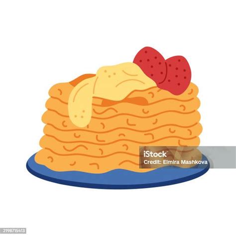 딸기와 크림 색상의 팬케이크 스택 프로젝트를 위한 손으로 그린 클립 아트입니다 0명에 대한 스톡 벡터 아트 및 기타 이미지 0명 Maslenitsa Shrove