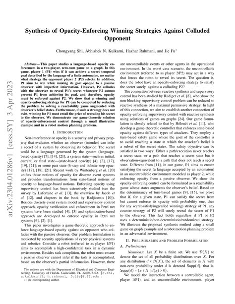 Pdf Synthesis Of Opacity Enforcing Winning Strategies Against Colluded Opponent