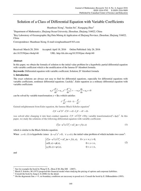 Pdf Solution Of A Class Of Differential Equation With Variable Coefficients