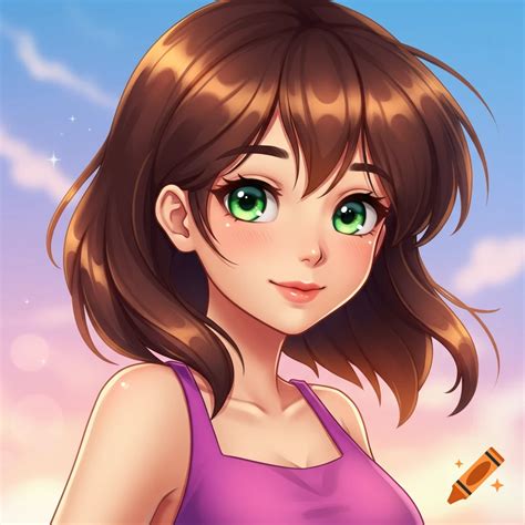 Anime Girl With Brown Hair And Green Eyes In Purple Tank Top On Craiyon