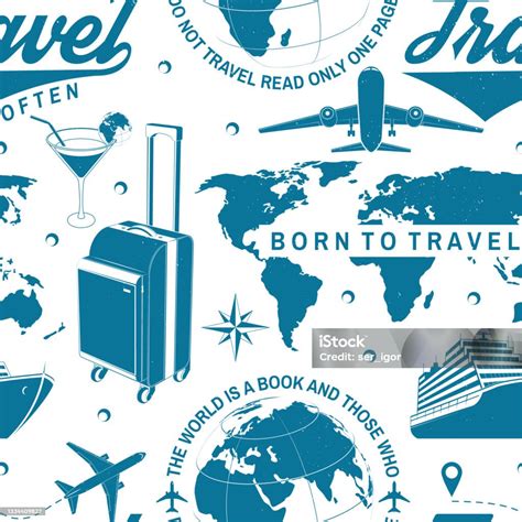 디자인 요소와 원활한 패턴이나 배경을 여행 여행 영감 따옴표 글로브 비행기 가방 칵테일 실루엣 벡터 일러스트와 원활한 장면 여행에 대한 동기 부여 가방에 대한 스톡 벡터