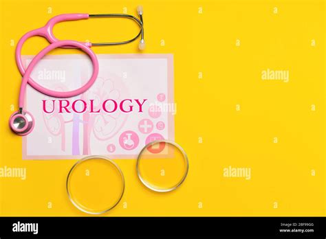 Paper Sheet With Text Urology Urine Sample And Stethoscope On Color