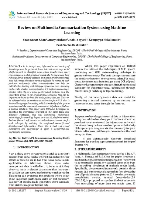 Pdf Irjet Review On Multimedia Summarization System Using Machine