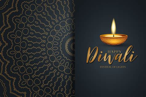 빛 포스터 디자인의 디 왈리 축제 인도 전통 휴일 배경 Diya 오일 램프와 금 힌두교 장식품 검은 배경에 황금 텍스트 타이포그래피 화려한 축하 배너 벡터 그림입니다 3차원